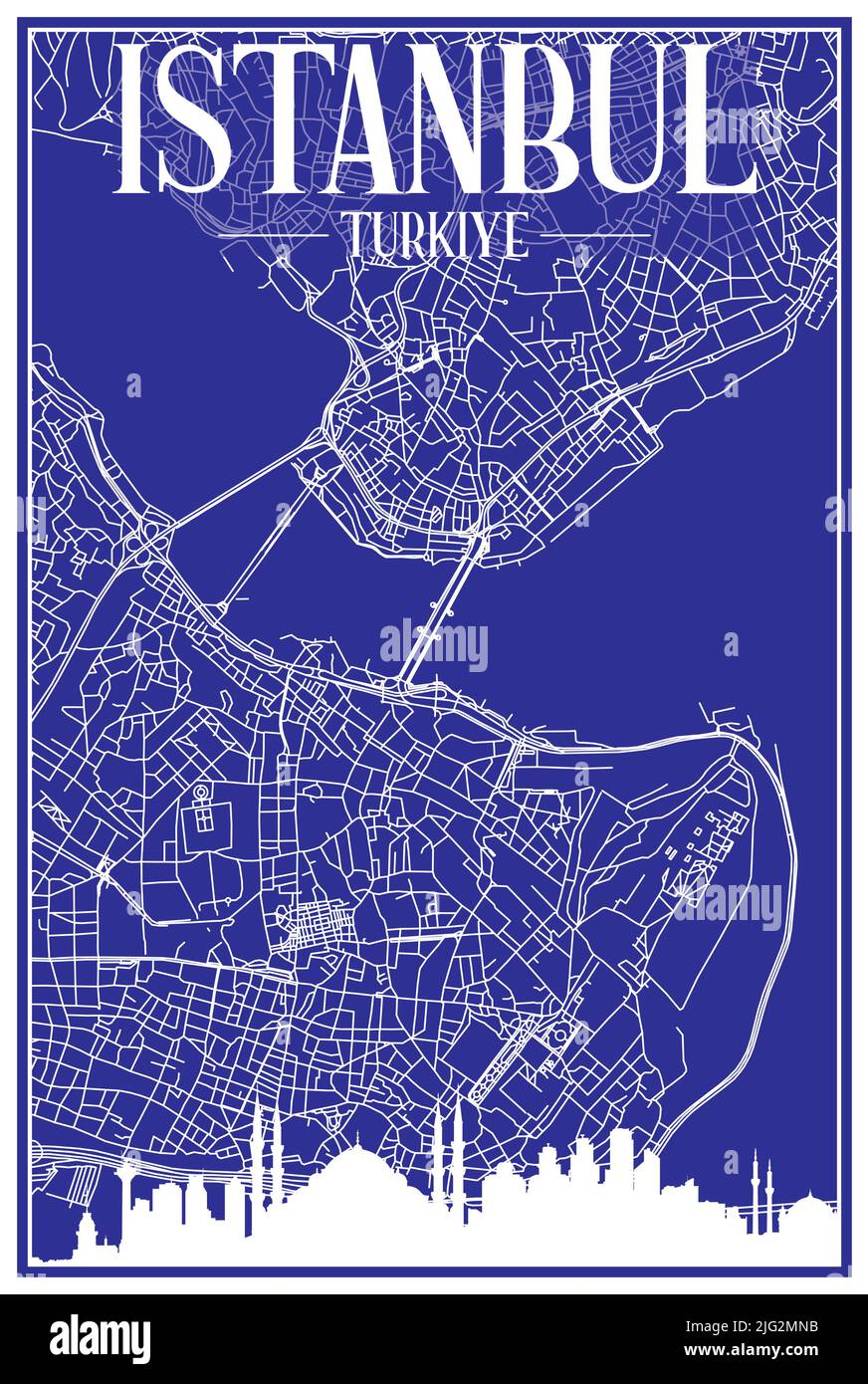 Technical drawing printout city poster with panoramic skyline and hand ...