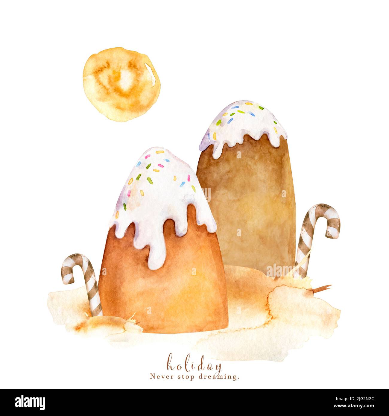Watercolor mountains, pies, cakes. Sweets, candies and clouds. Clipart ...