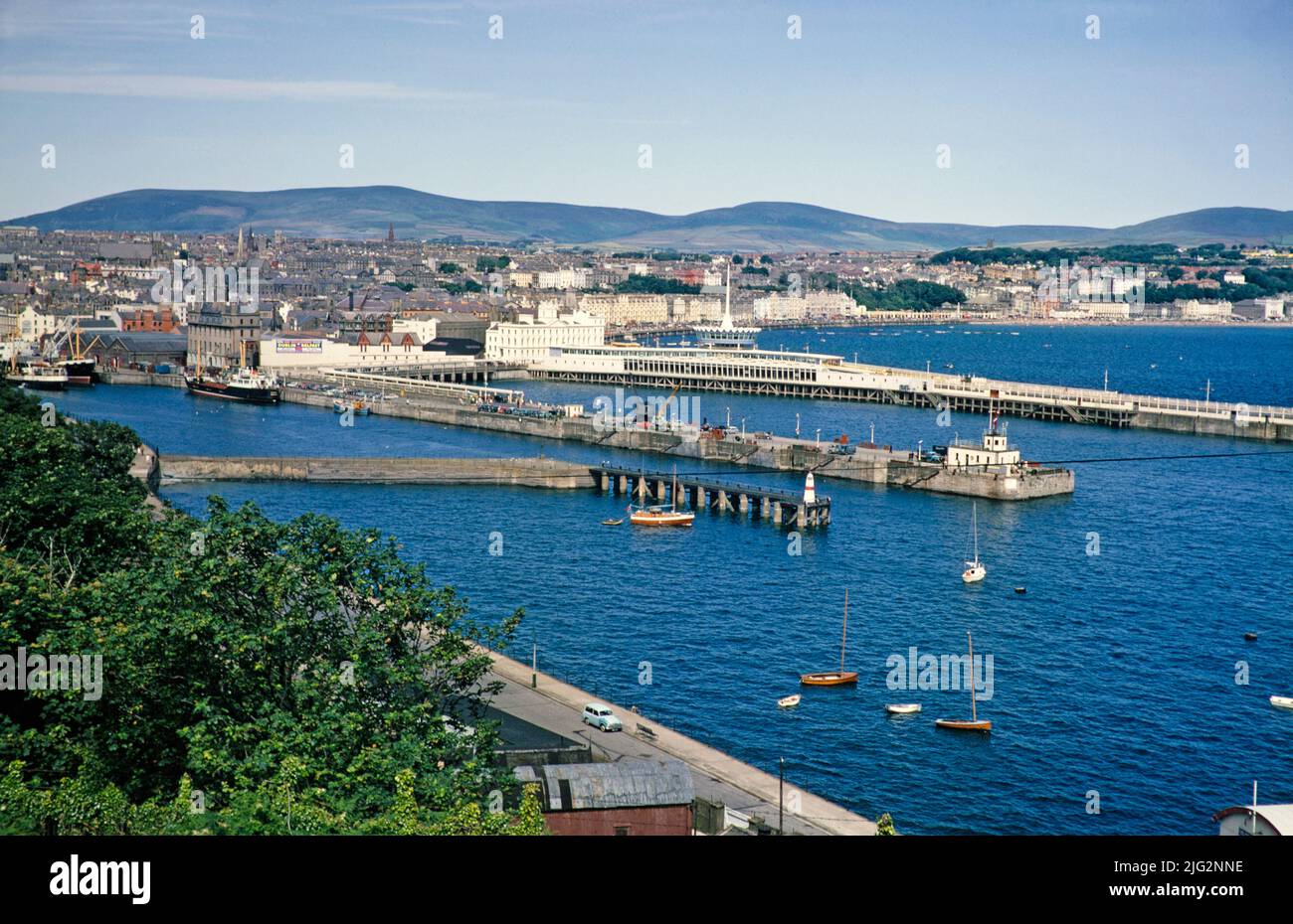 View over port and harbour at Douglas, Isle of Man, British Crown ...