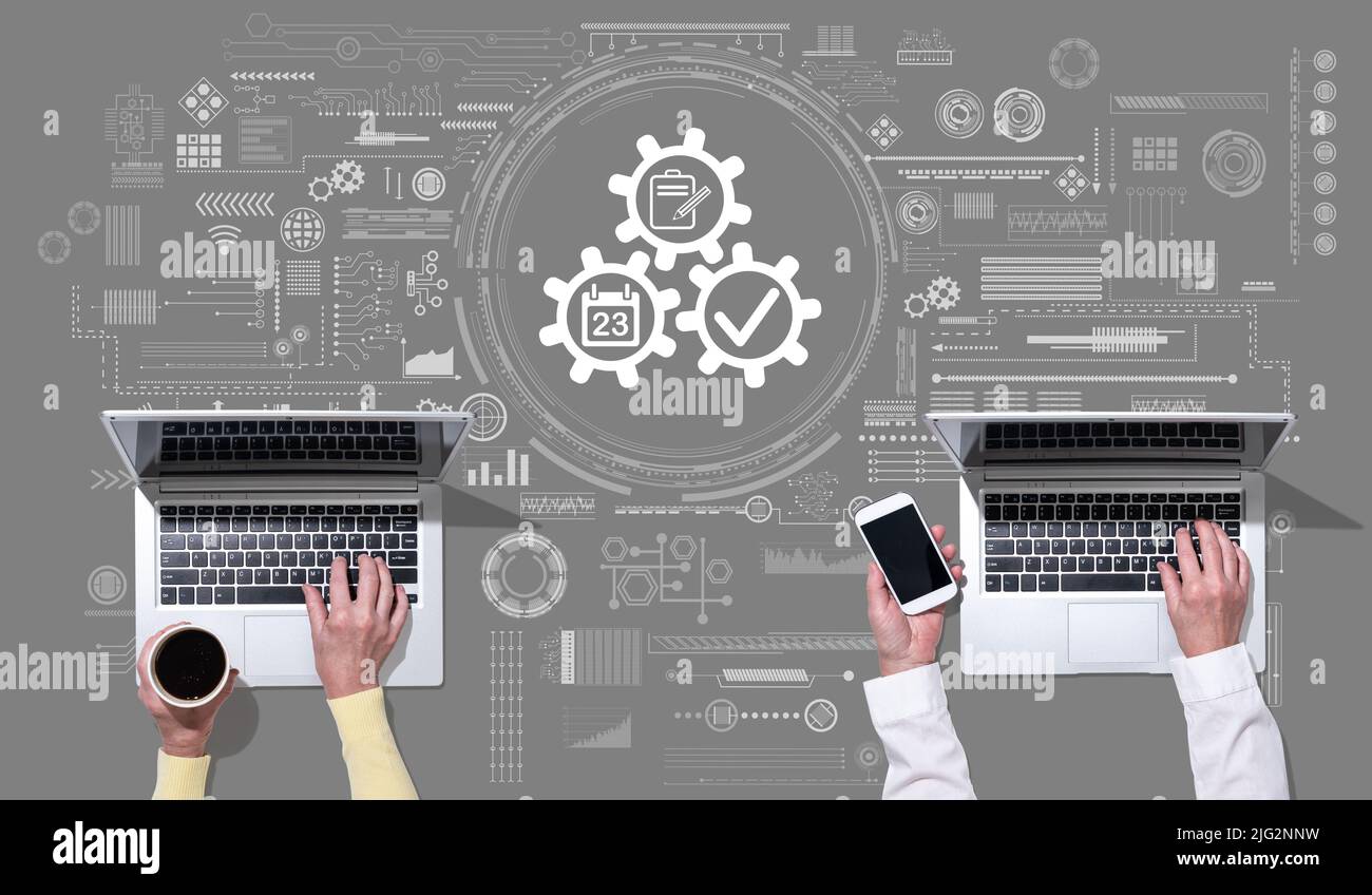 Top view of hands using laptop with symbol of action plan concept Stock ...