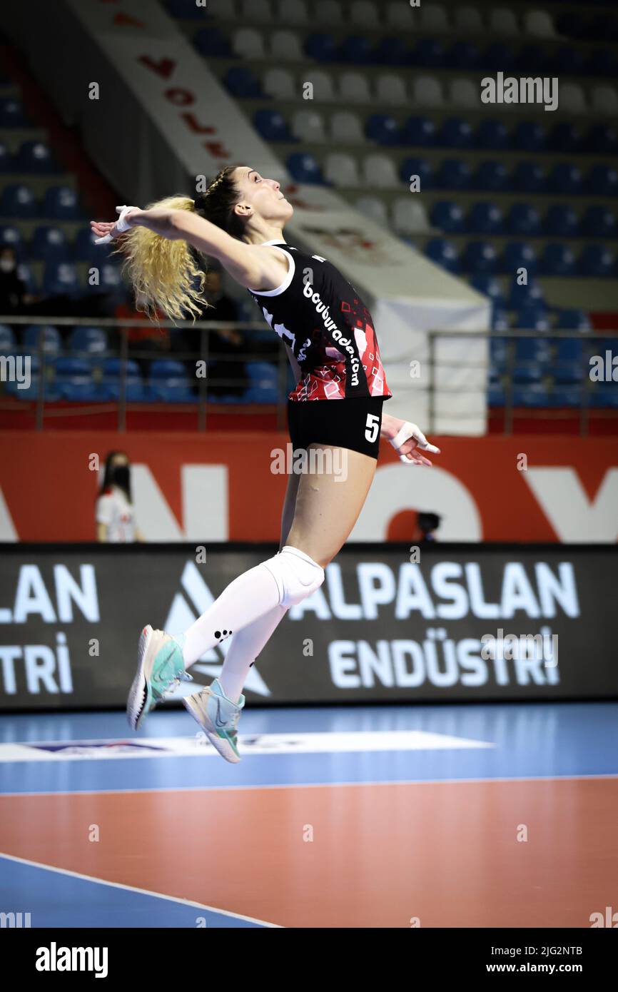 ISTANBUL, TURKEY - JANUARY 13, 2022: Ivana Vanjak serves during Turk ...