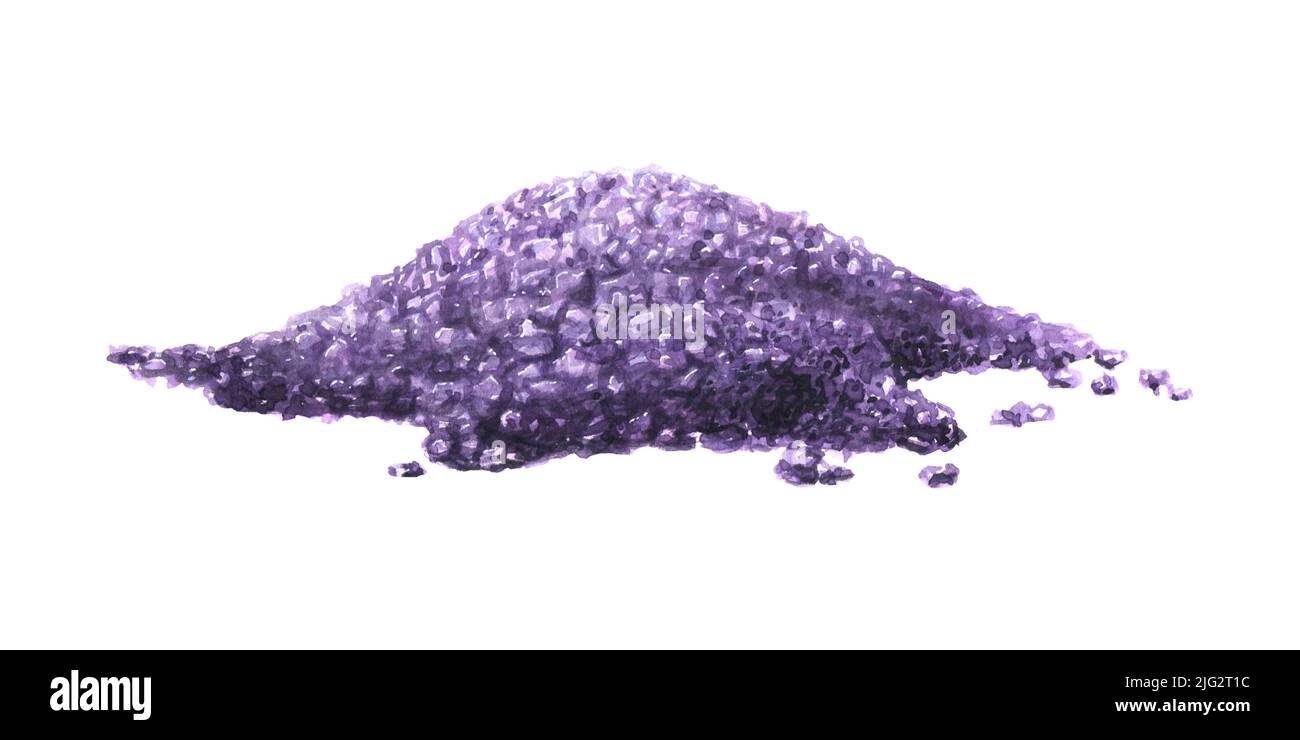A pile of scattered sea salt for baths of purple color. Watercolor ...