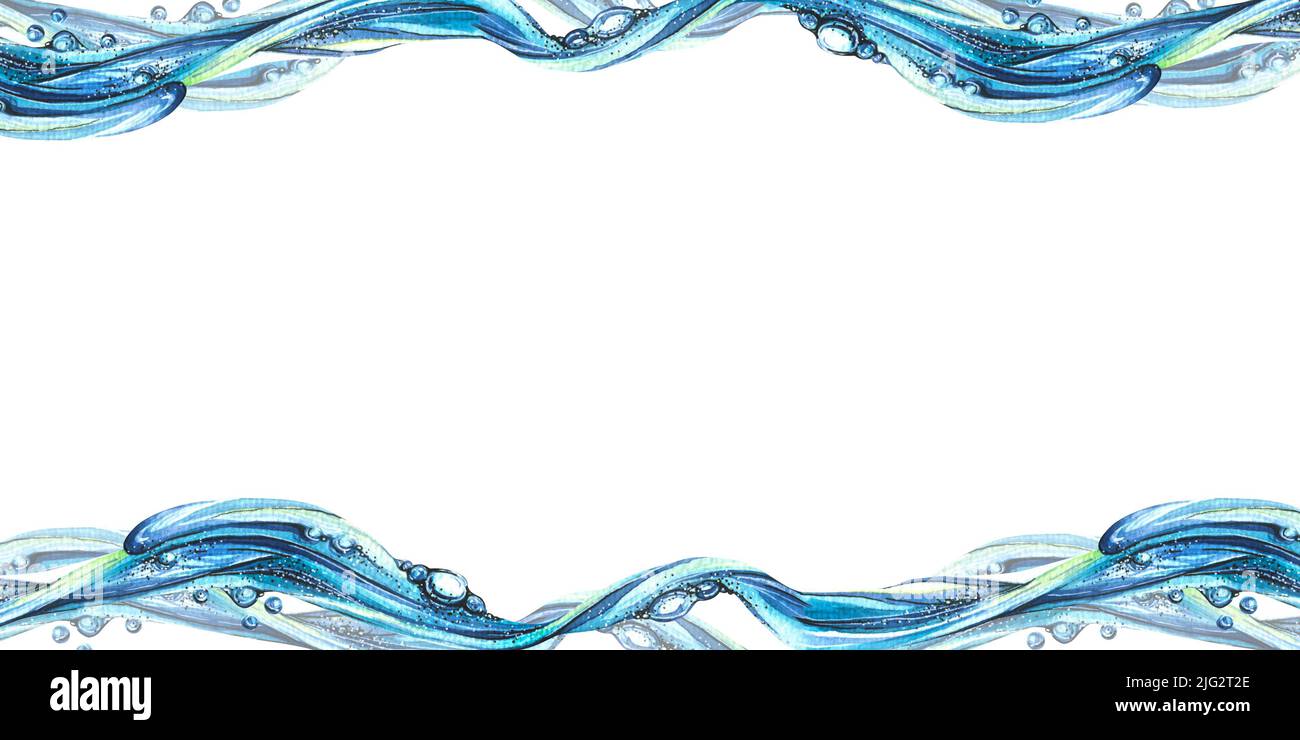 Horizontal frame with water waves. Watercolor illustration. For the ...