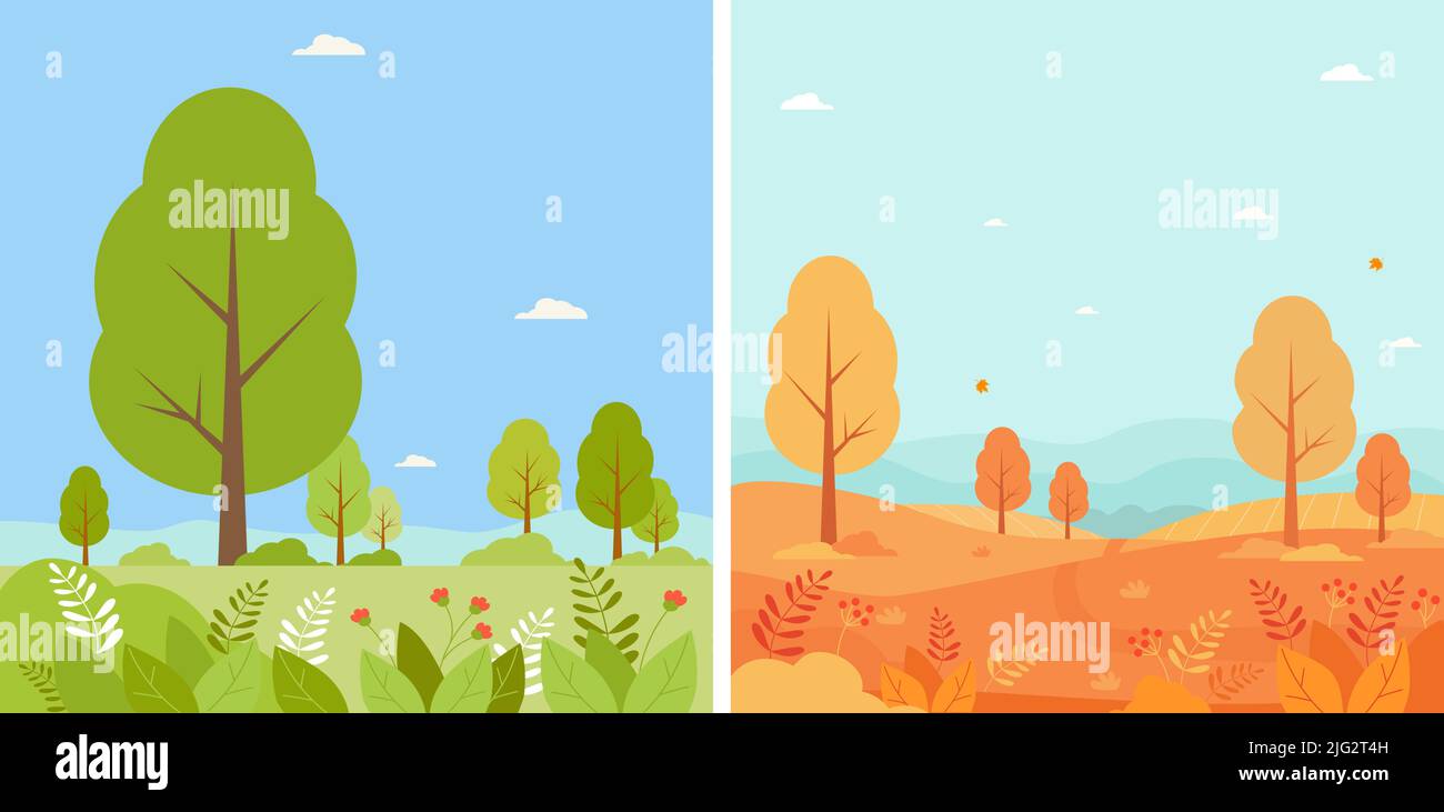 Collection of posters with summer and autumn landscape. Vertical vector ...