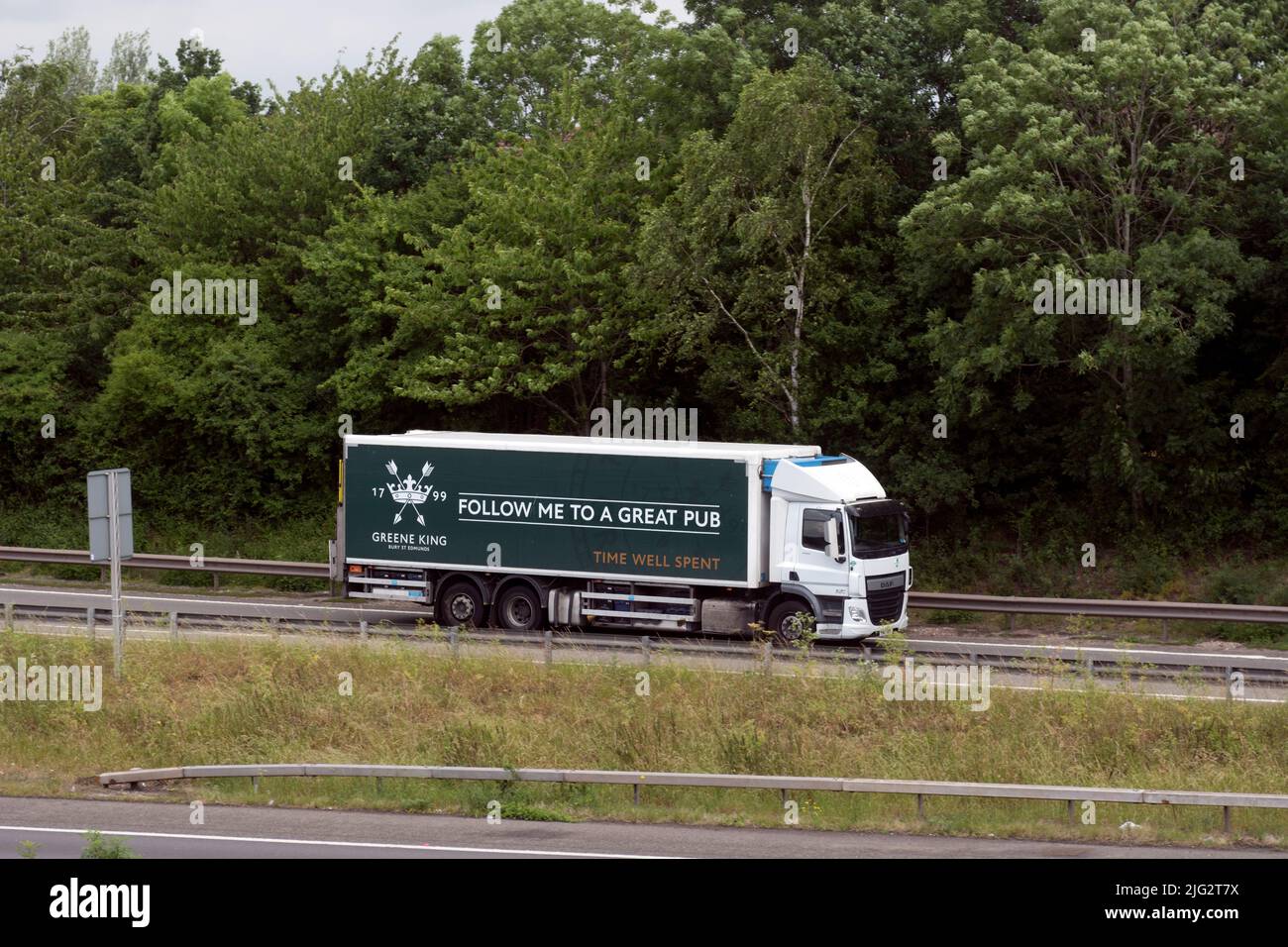 Greene King lorry joining the M40 motorway at Junction 15, Warwickshire ...