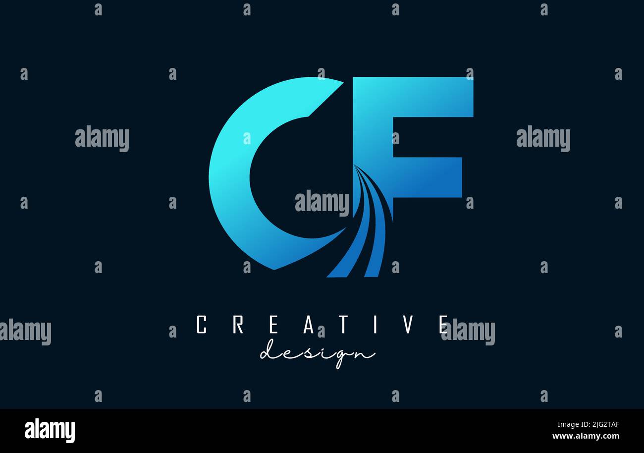 Creative blue letter CF c f logo with leading lines and road concept ...