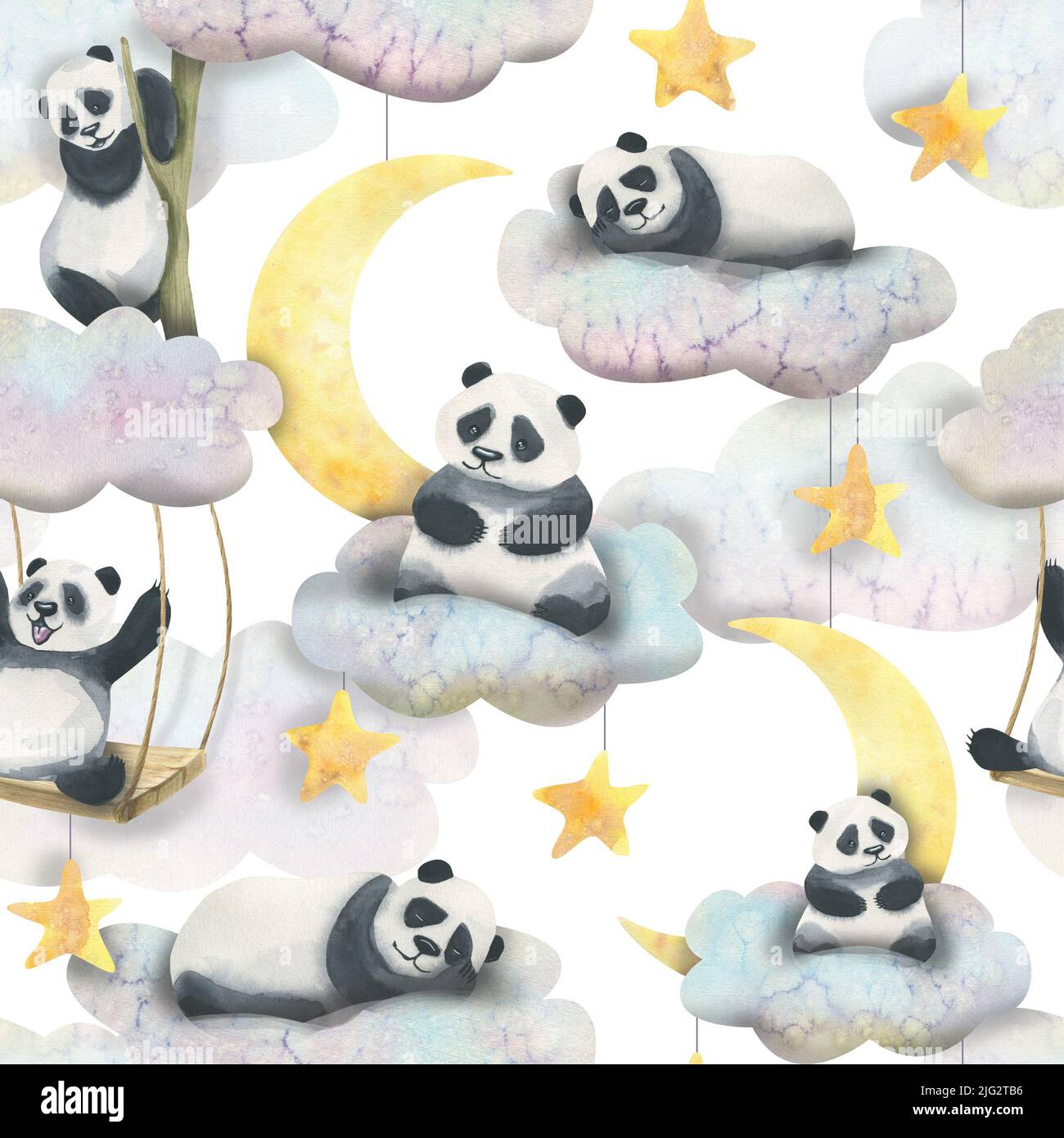 Cute panda bears on clouds with moon and stars. Children's, watercolor ...