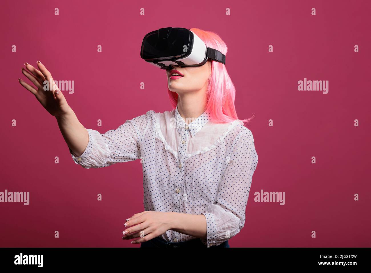 Female model using vr glasses with augmented reality tech, futuristic ...