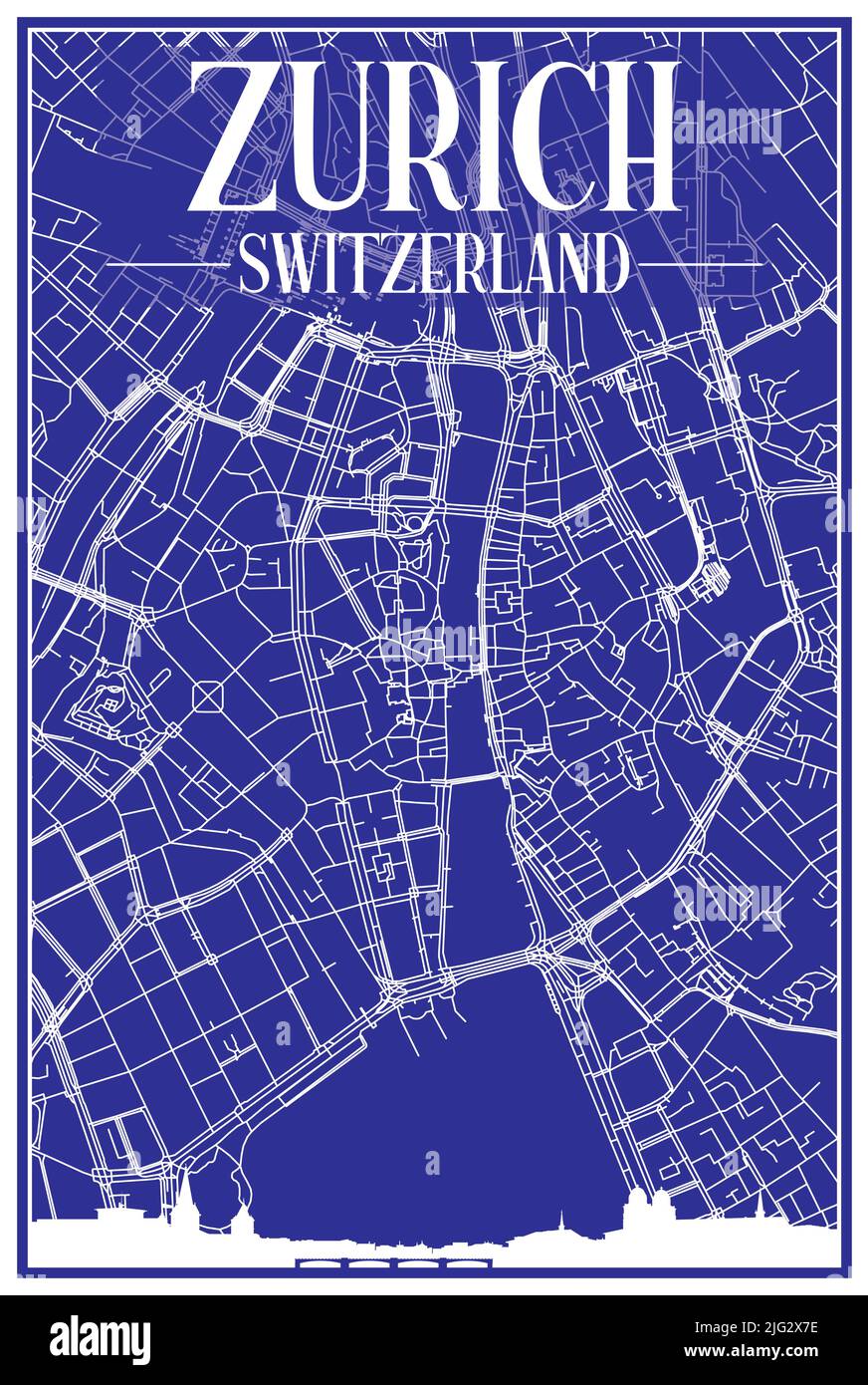 Technical drawing printout city poster with panoramic skyline and hand ...
