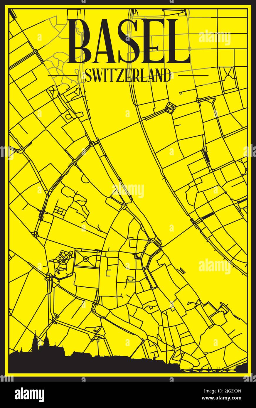 Golden printout city poster with panoramic skyline and hand-drawn ...