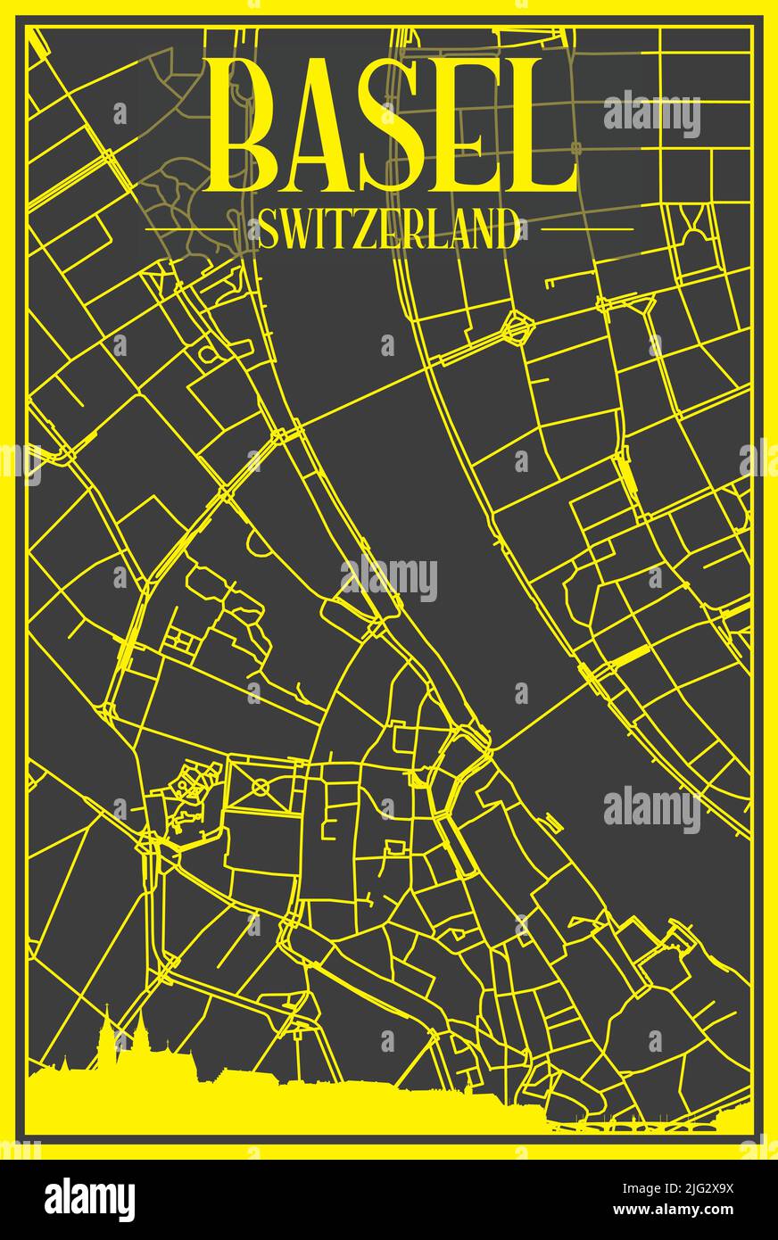 Yellow printout city poster with panoramic skyline and hand-drawn ...