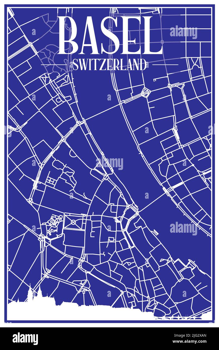 Technical drawing printout city poster with panoramic skyline and hand ...