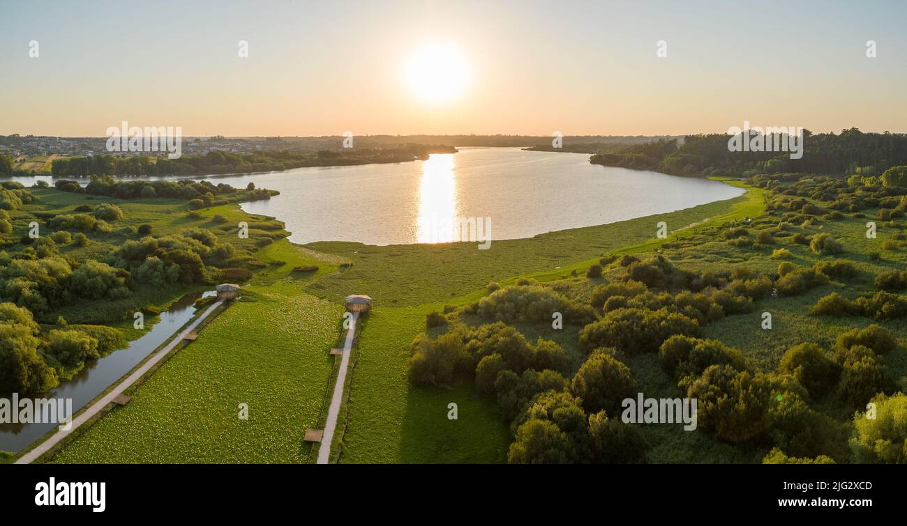 Aerial view of Pateira de Espinhel at sunset in Agueda, Aveiro ...