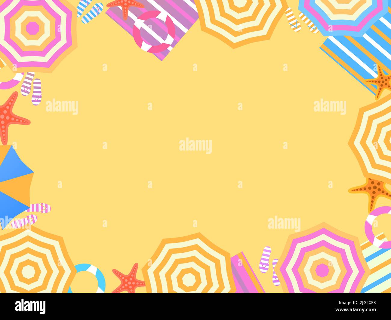 Beach frame, top view. Beach umbrellas and flip flops with starfish on ...