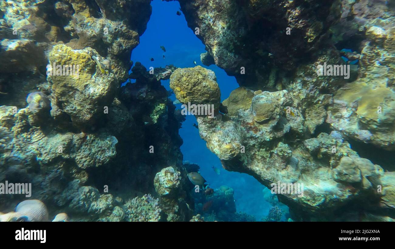 Sailing through a rift in a coral reef. Sun rays in beautiful ...