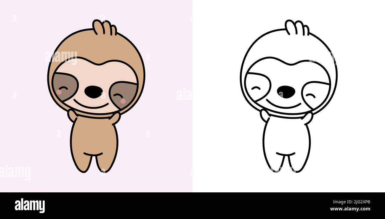 Kawaii Clipart Sloth Illustration and For Coloring Page. Funny Kawaii ...