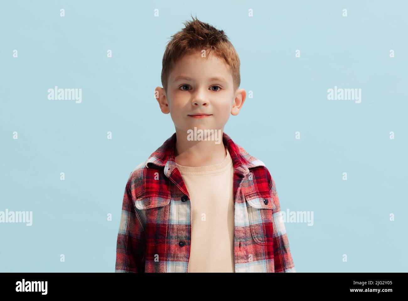 Portrait of little boy, child in checkered shirt looking at camera ...