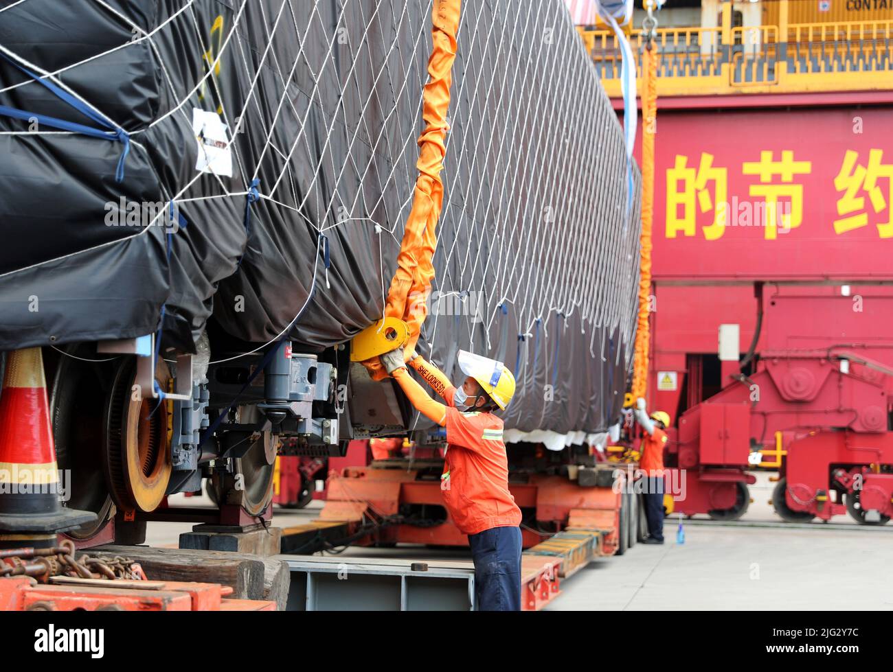 QINGDAO, CHINA - JULY 7, 2022 - A trunk double-decker stainless steel ...