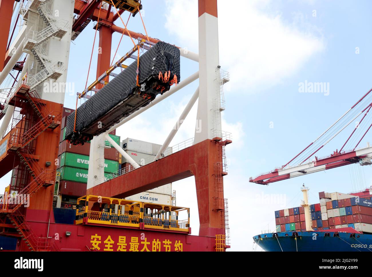 QINGDAO, CHINA - JULY 7, 2022 - A trunk double-decker stainless steel ...