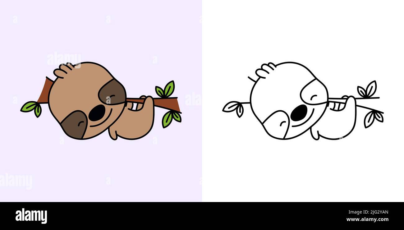 Cute Sloth Clipart Illustration and Black and White. Funny Clip Art ...