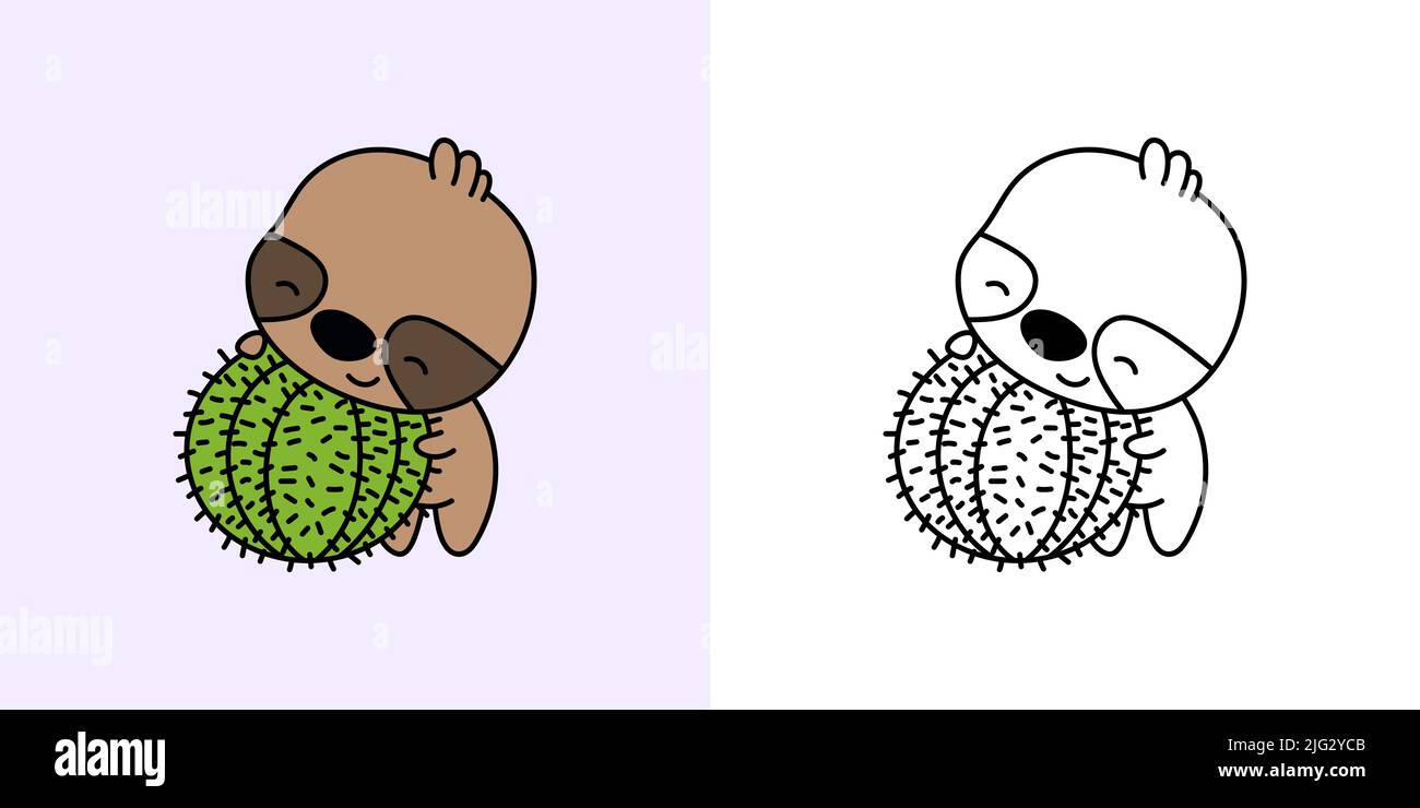 Sloth Clipart for Coloring Page and Multicolored Illustration. Adorable ...