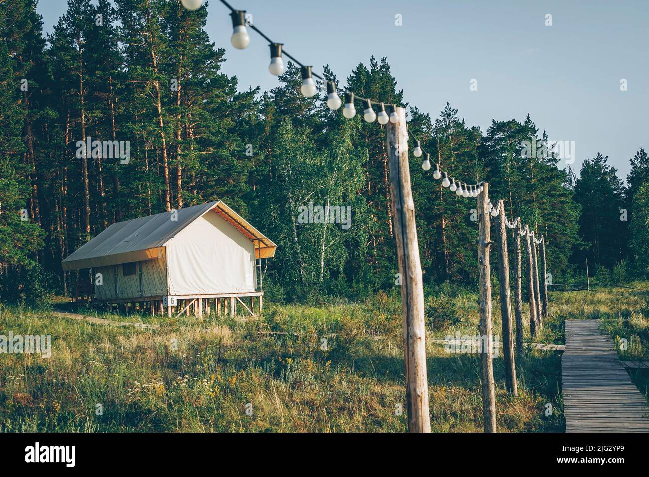 Glamping tent. Glamping travel. Tent house in forest. Camping and ...