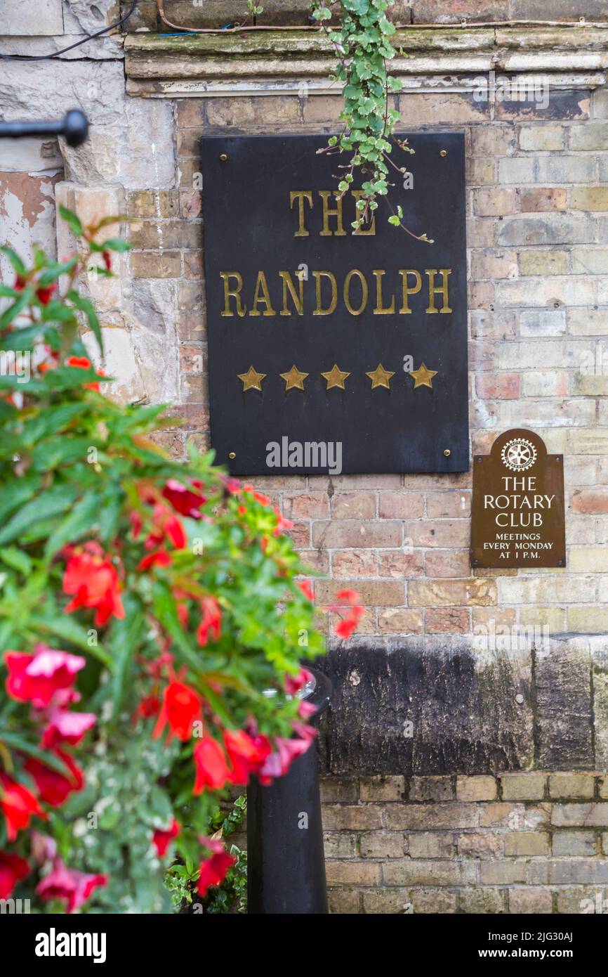 The Randolph 5 stars sign at Oxford, Oxfordshire UK on a wet rainy day ...