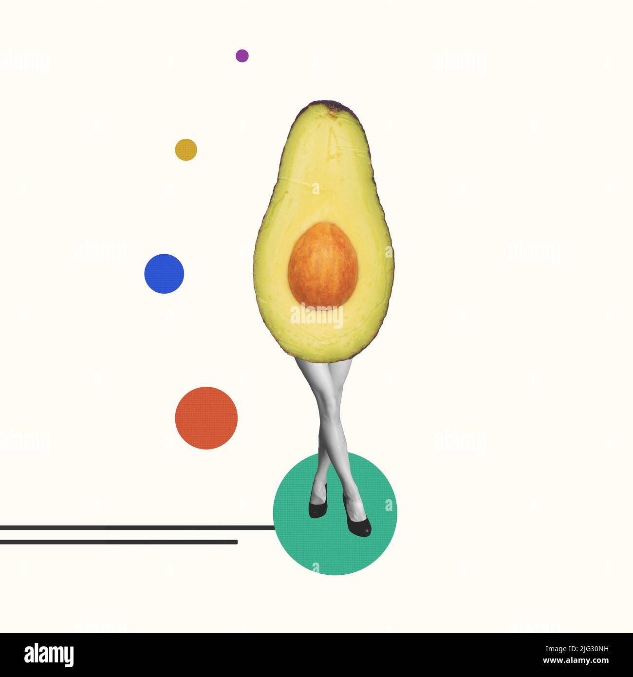 Composition with huge ripe avocado on female legs isolated over light ...