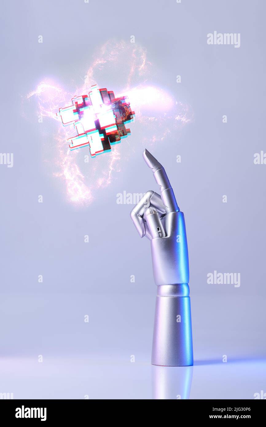 Mechanical robot arm or hand interacts with futuristic digital technologies. Concept of virtual ...