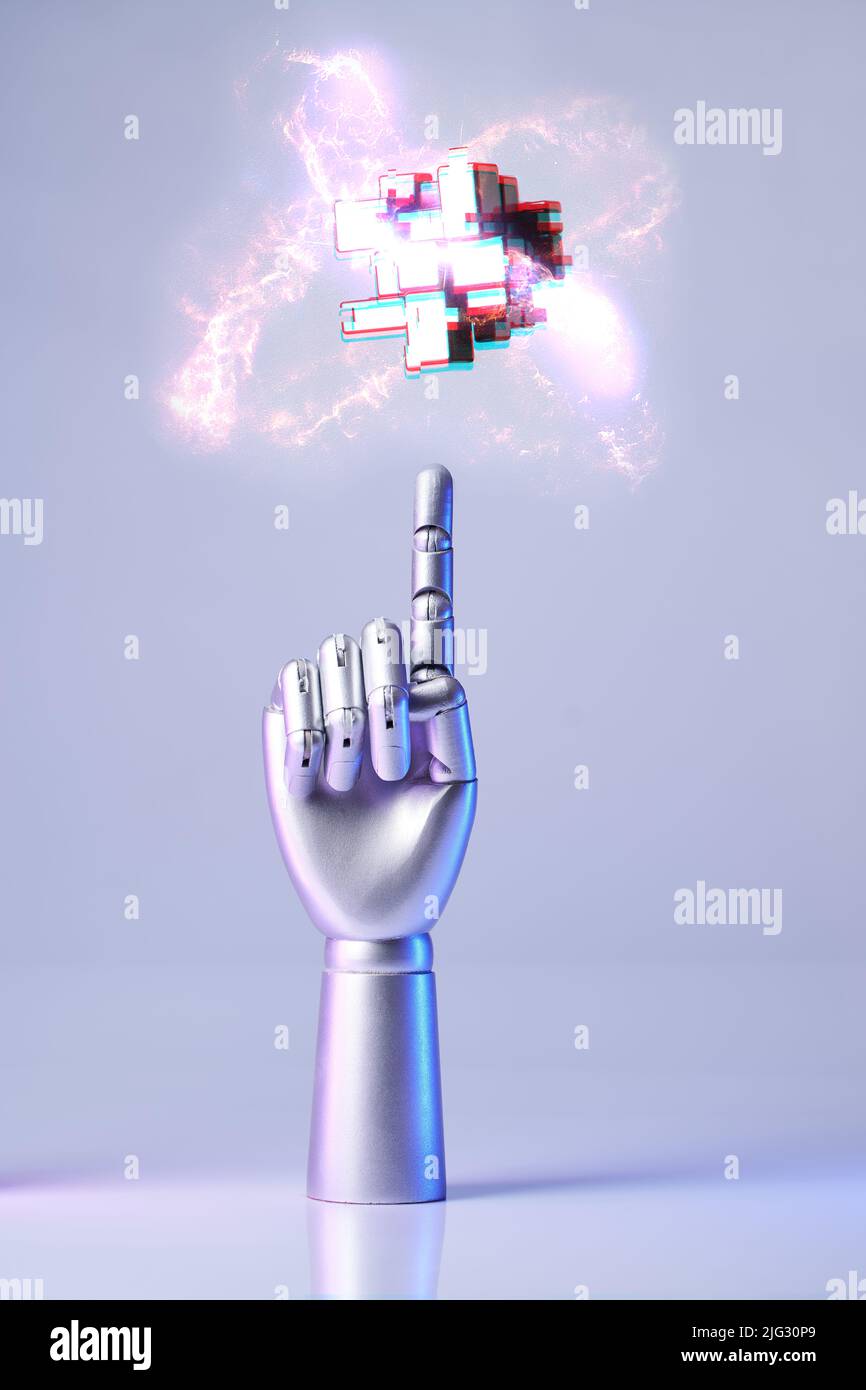 Mechanical robot arm or hand interacts with futuristic digital technologies. Concept of virtual ...