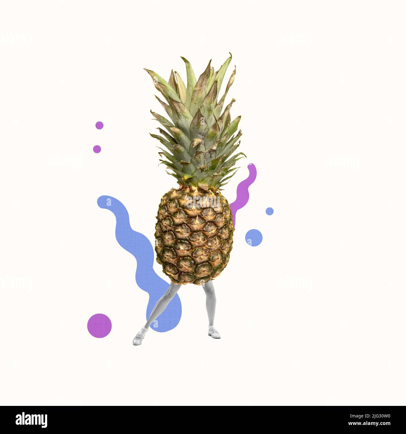 Contemporary art collage with huge pineapple fruit on human legs ...
