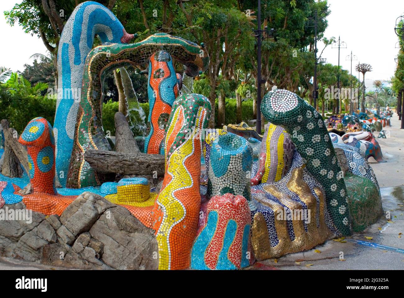Gaudi style fountain at the Merlion Walk on Sentosa Island, Singapore ...