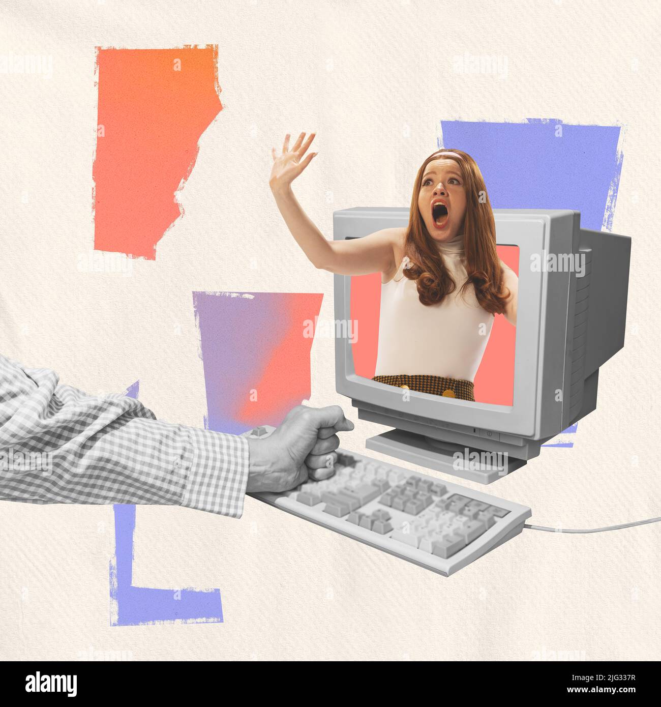 Contemporary art collage. Stylish young girl sticking out computer ...