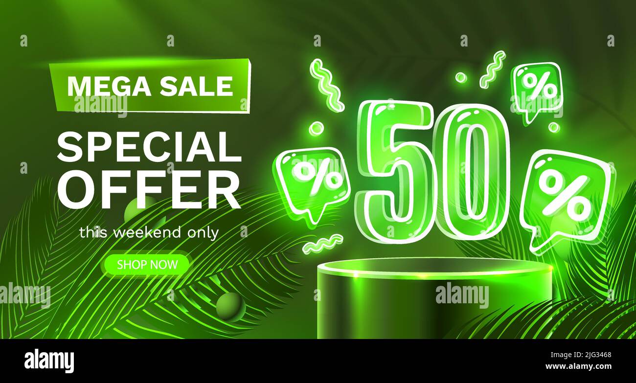 Mega sale special offer, Neon 50 off sale banner. Sign board promotion ...