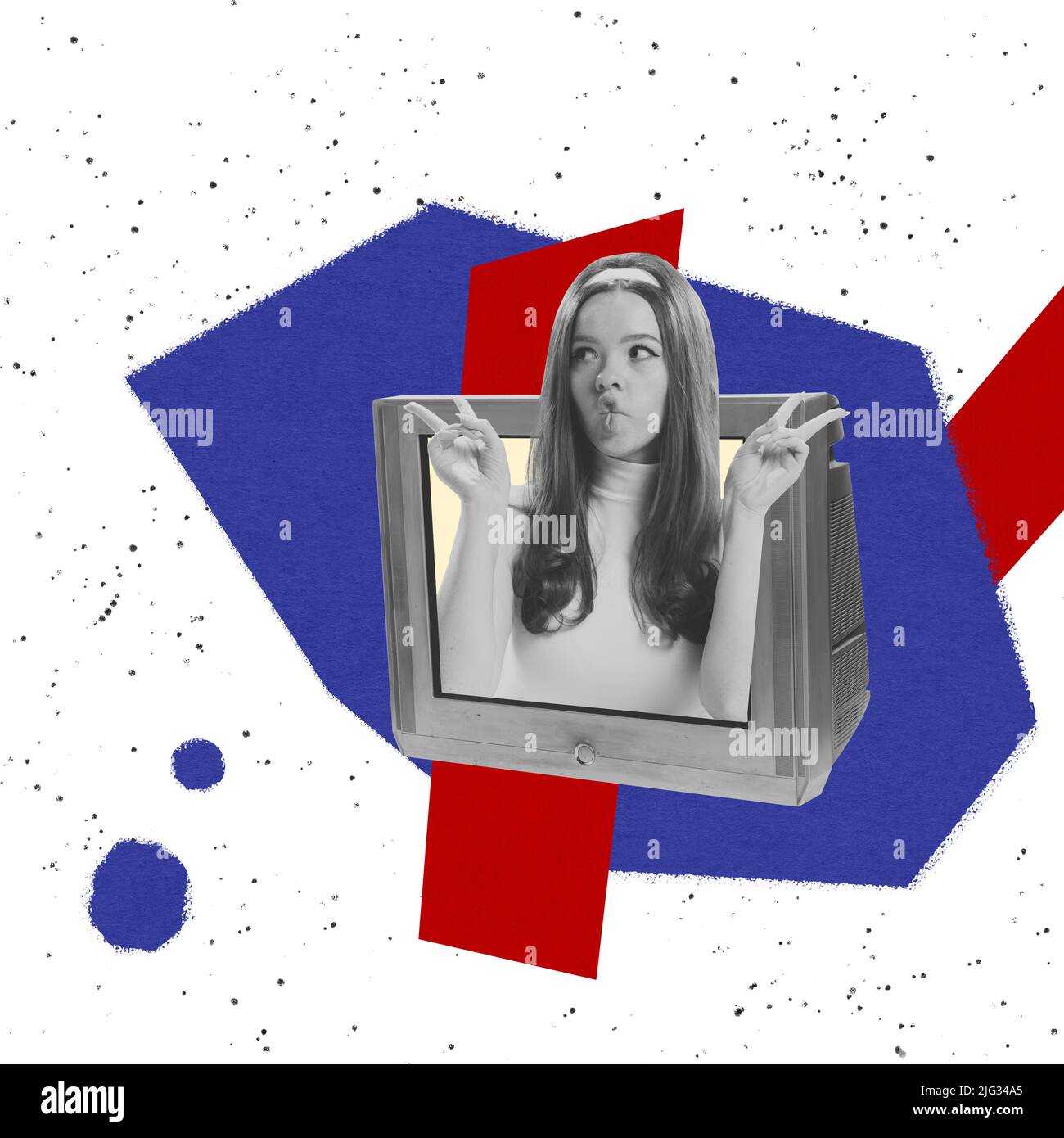 Contemporary art collage. Stylish, beautiful woman sticking out TV ...