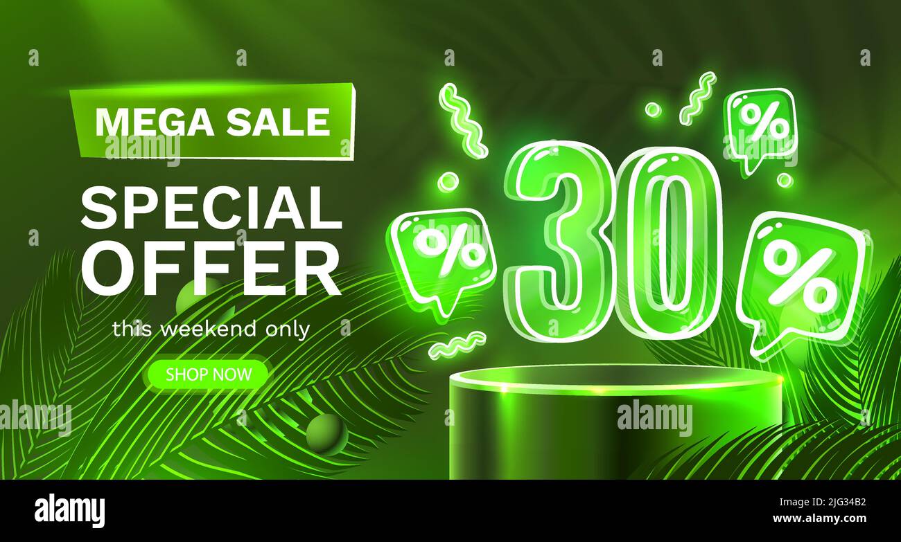Mega sale special offer, Neon 30 off sale banner. Sign board promotion ...