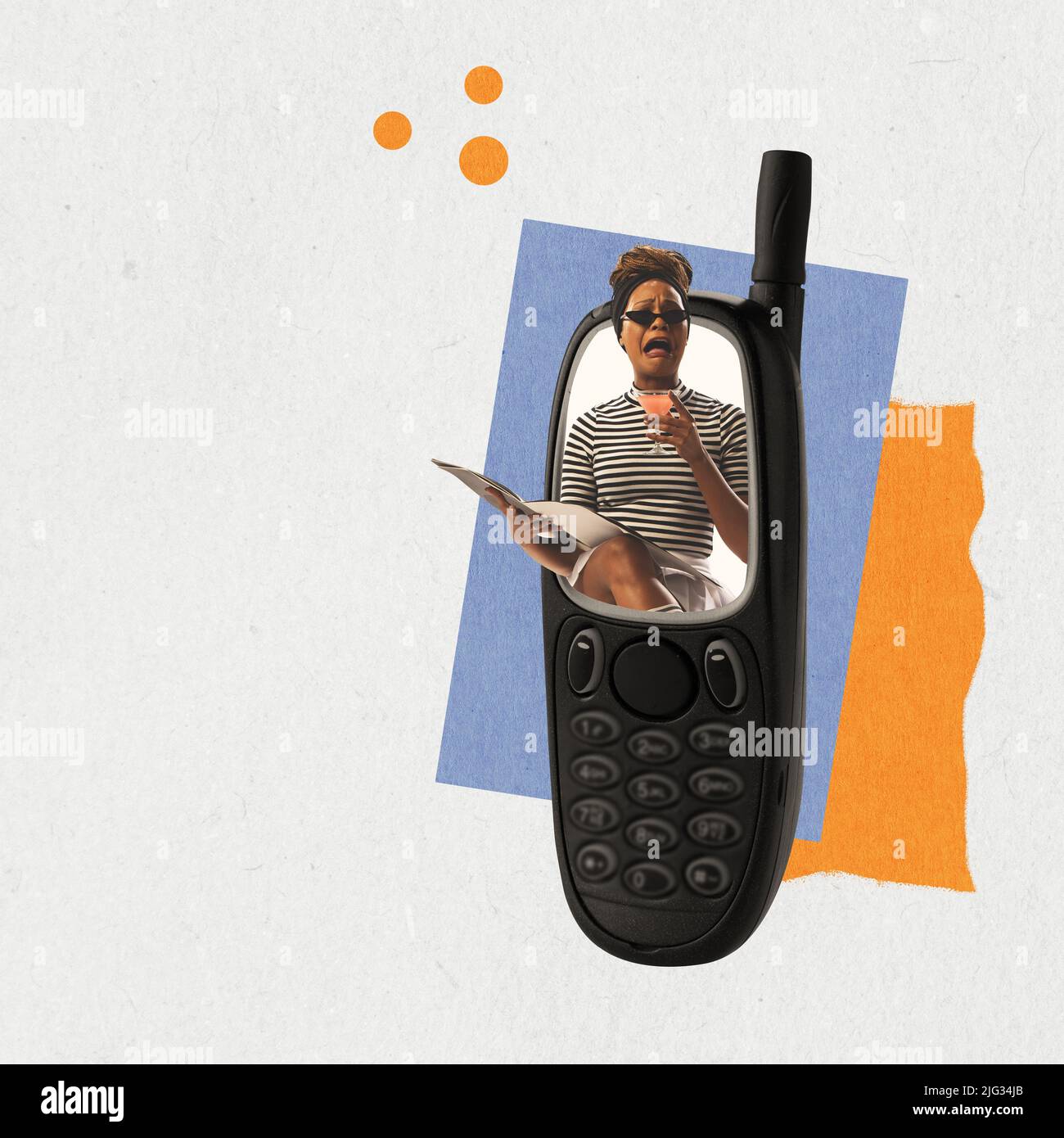 Contemporary art collage. Woman sticking out retro mobile phone ...