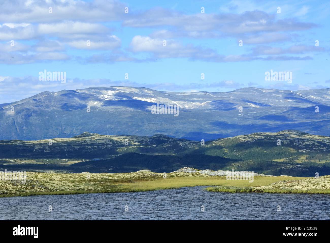 Aerial view of the mountains, lakes and swamp in the Innerdalen ...