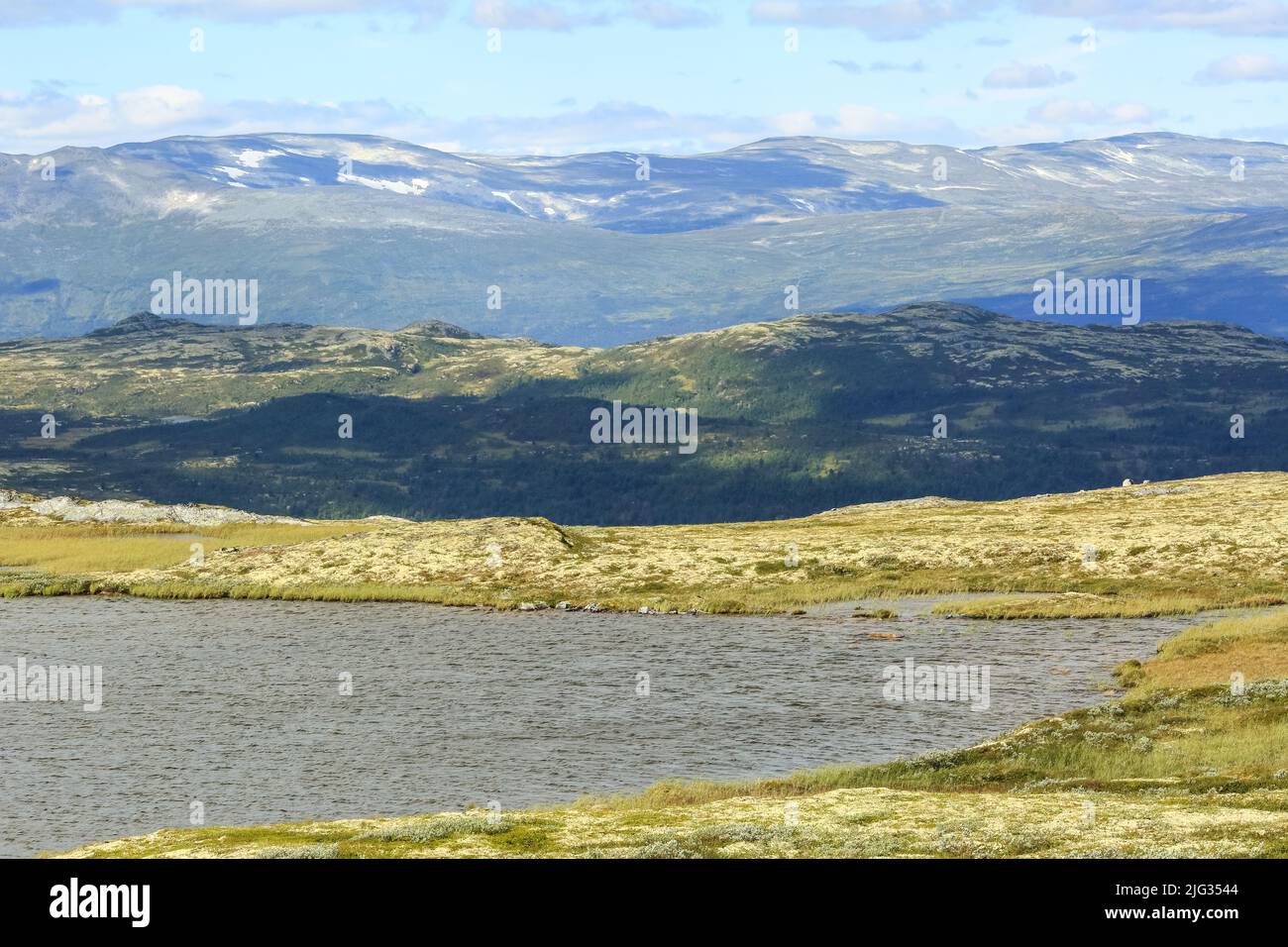 Aerial view of the mountains, lakes and swamp in the Innerdalen ...