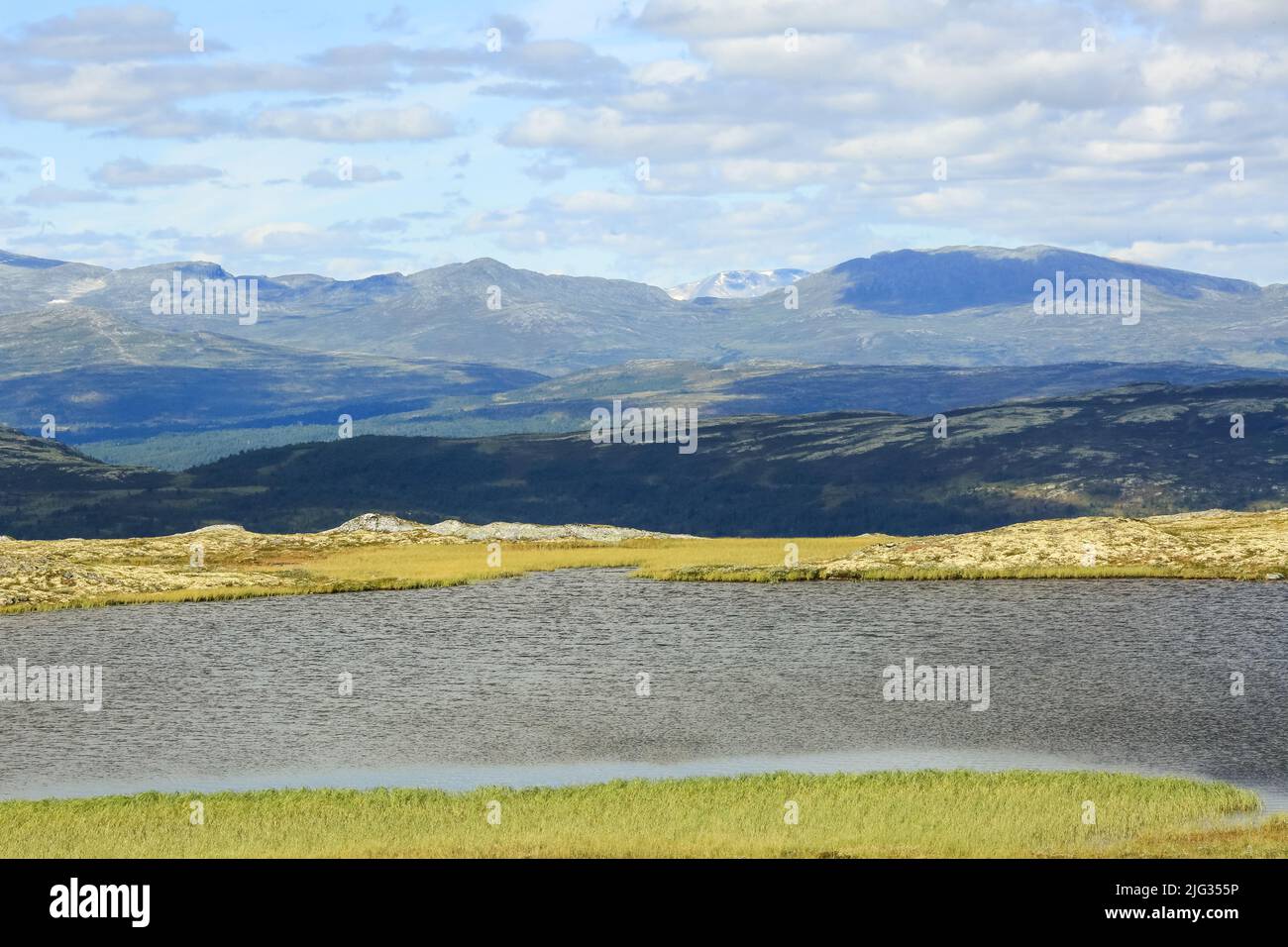 Aerial view of the mountains, lakes and swamp in the Innerdalen ...