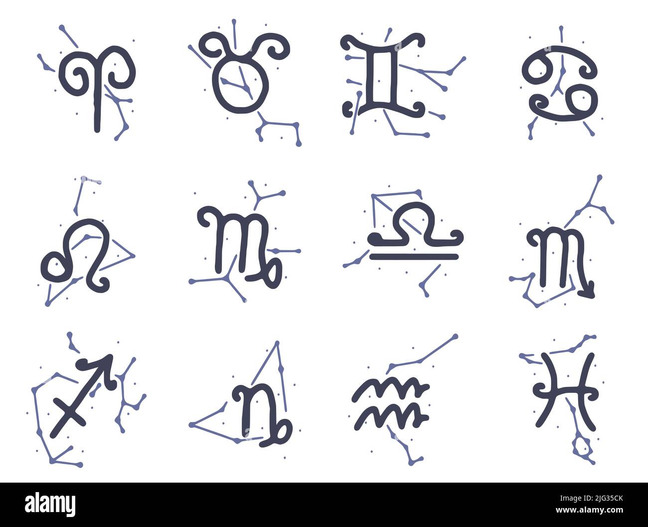 Vector set of zodiac signs with constellations in doodle style isolated ...