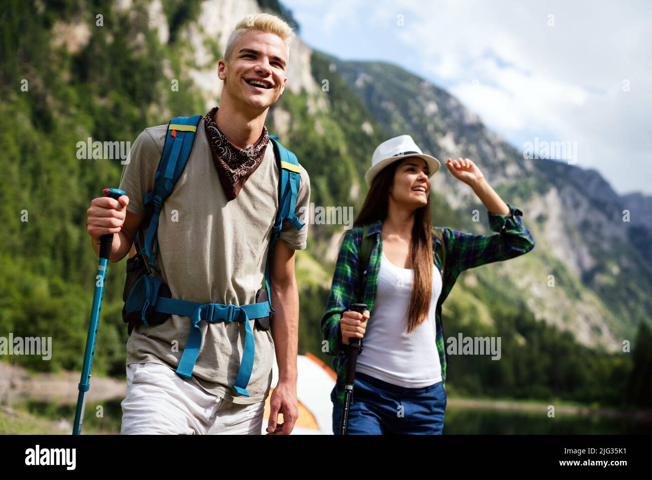 Hard, difficult, tiring and exhausting expedition of friends. Trekking ...