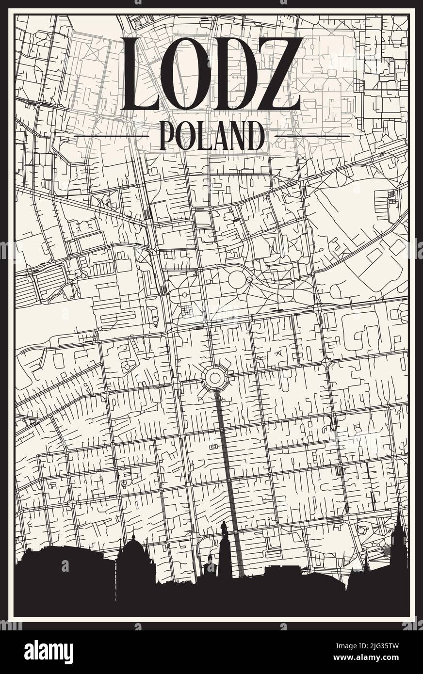 Light printout city poster with panoramic skyline and hand-drawn ...