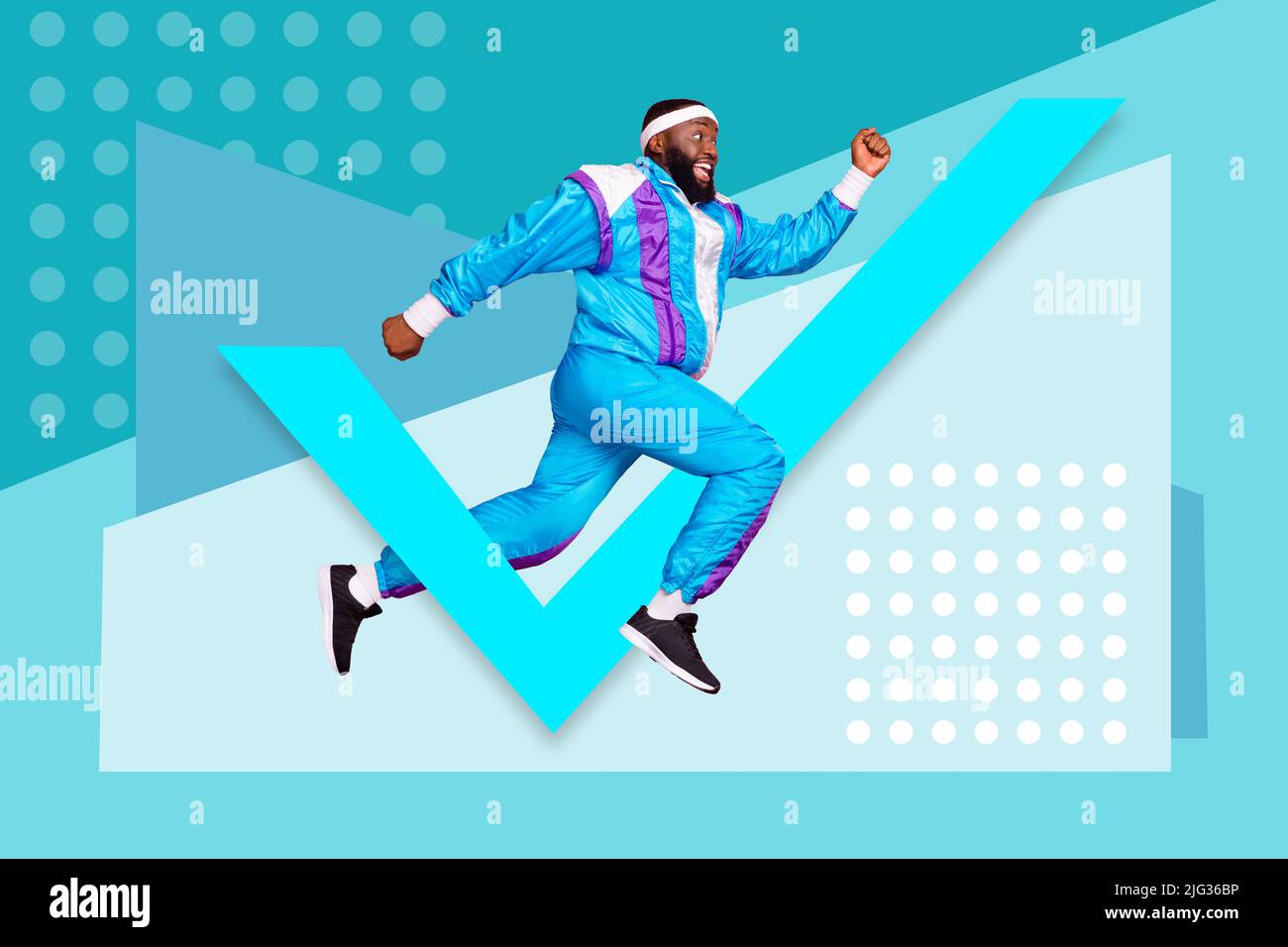 Creative composite collage image of excited crazy guy running hurry ...