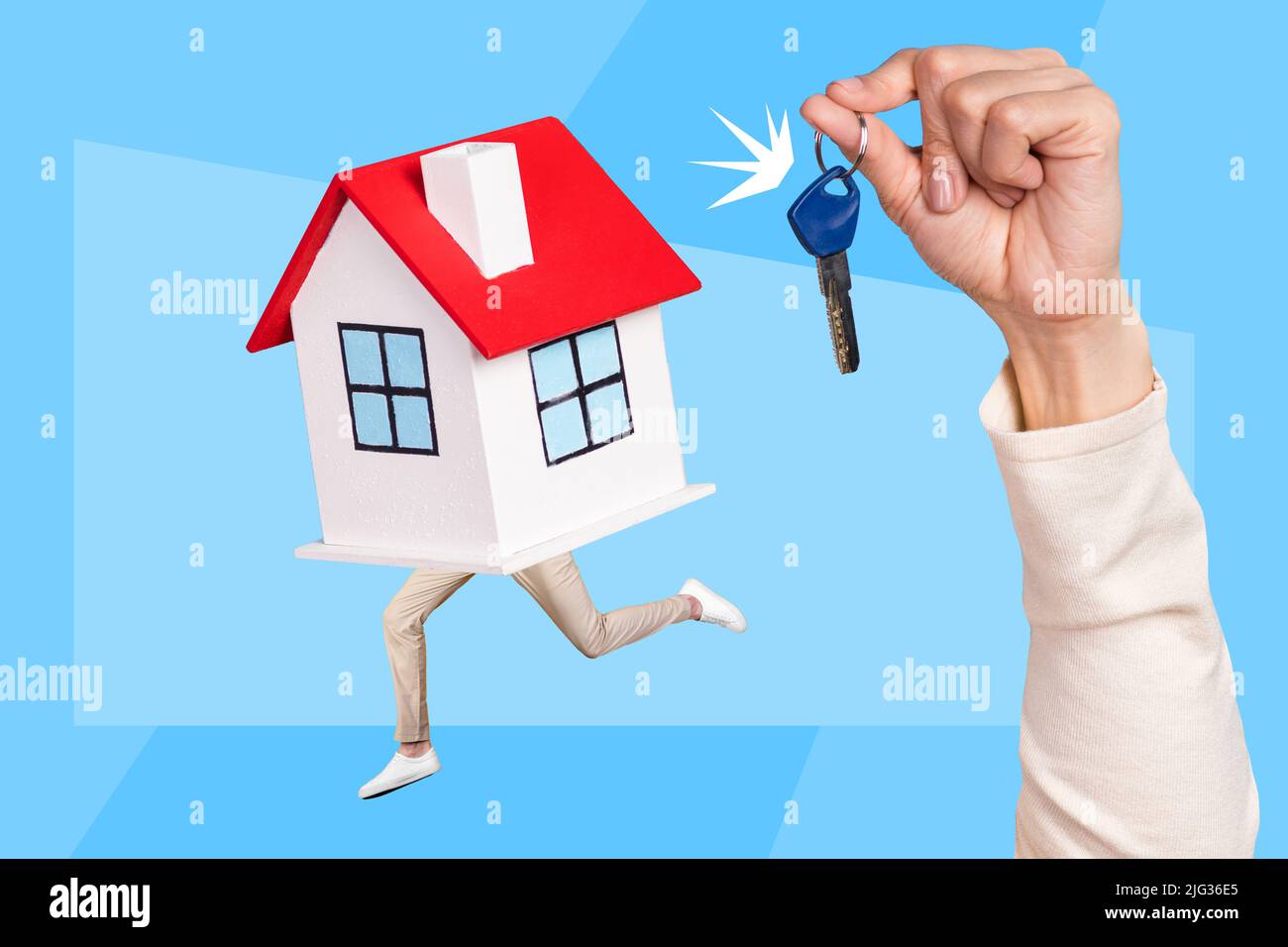 Vertical collage picture of big human arm hold key little house legs ...