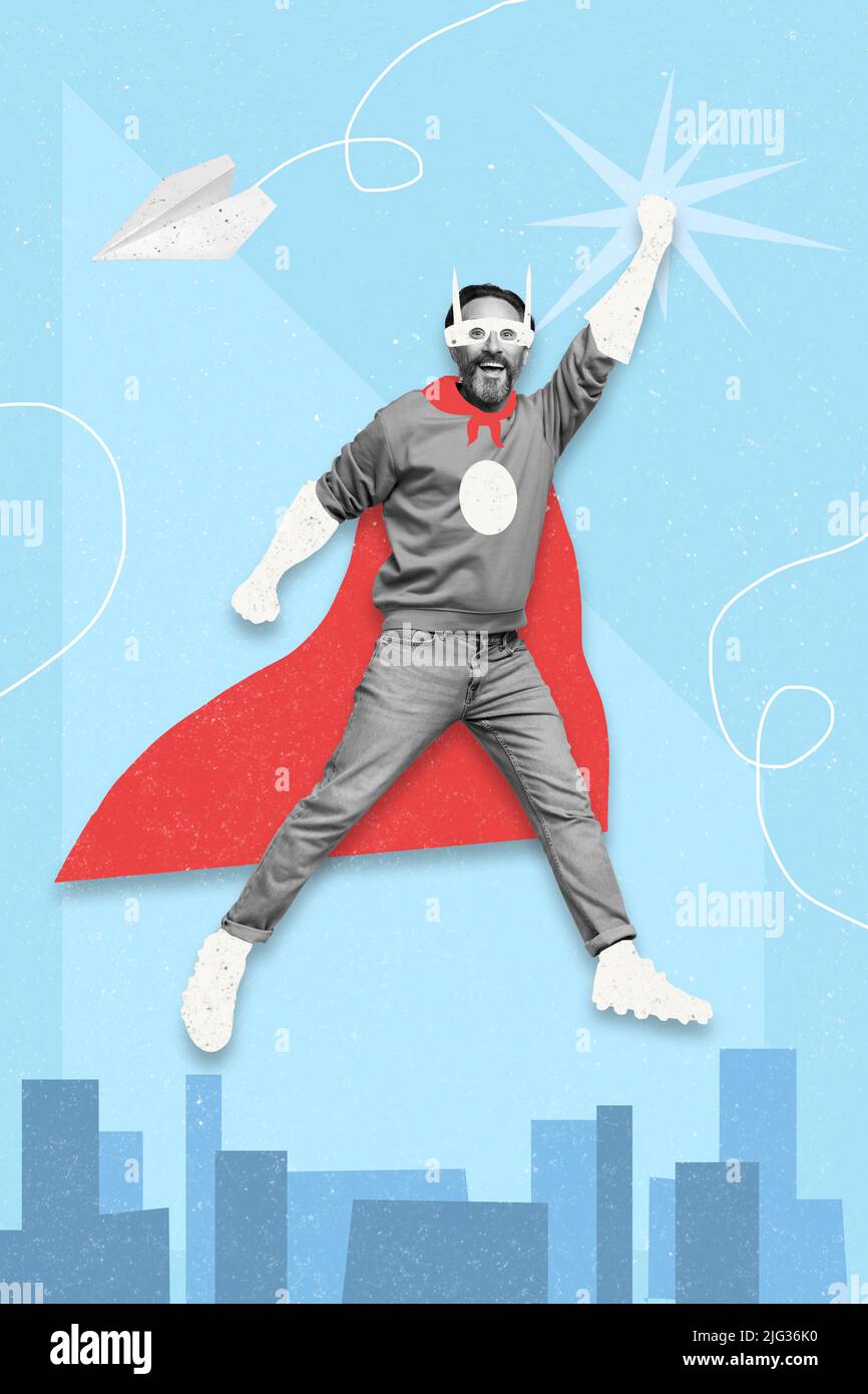 Creative abstract template graphics image of old guy superman catching ...