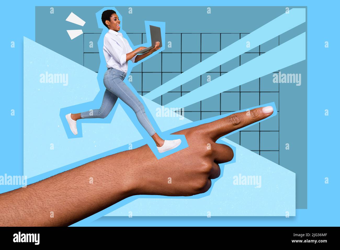 Composite collage image of huge hand finger point show way mini person ...