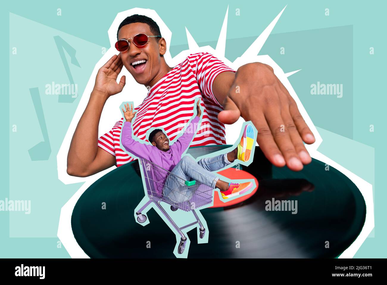 Composite collage image of excited positive guy play vinyl record music ...