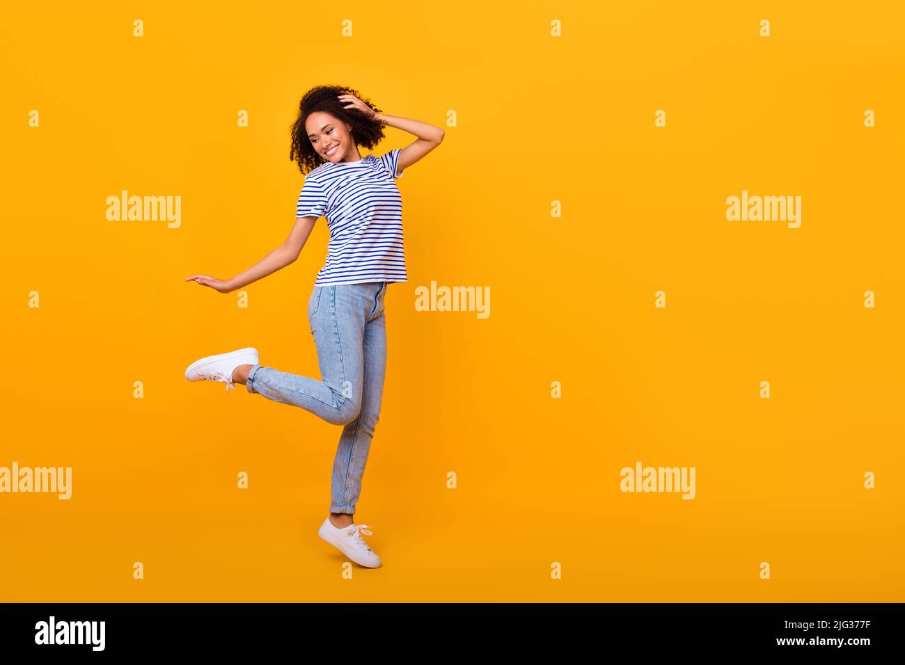 Full length portrait of satisfied adorable person toothy smile empty ...