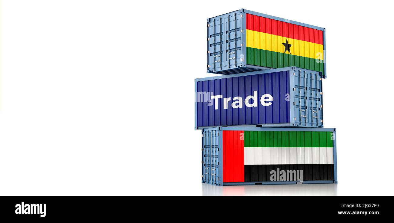 Cargo containers with United Arab Emirates and Ghana national flags. 3D ...